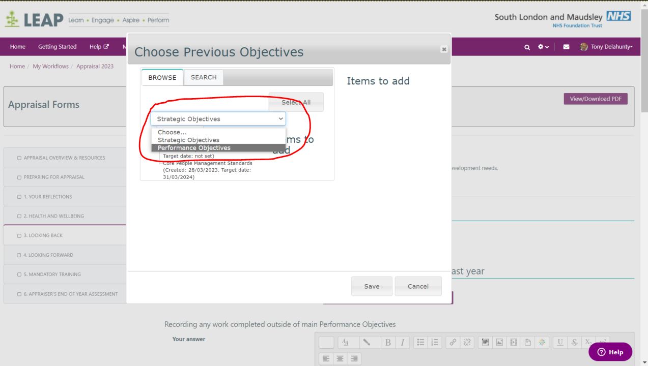 Selecting which Objectives to review in Appraisal forms in LEAP – South ...